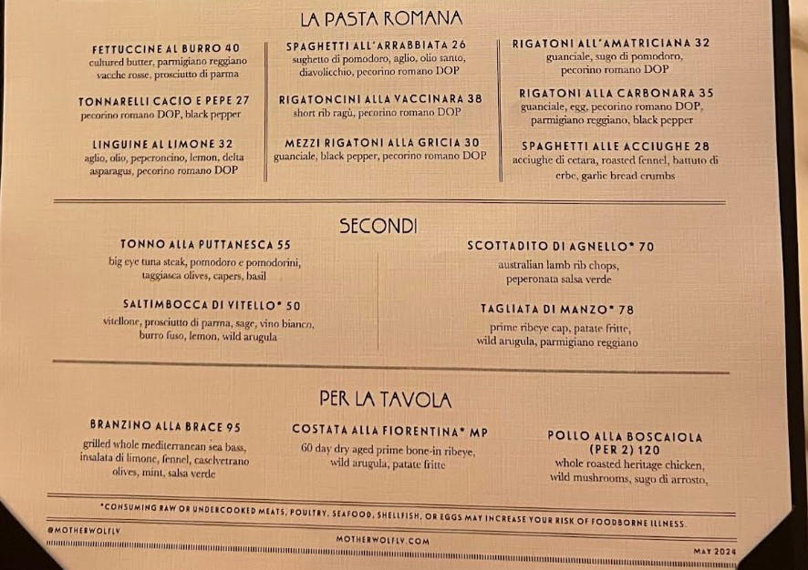 Mother Wolf Las Vegas Restaurant Menu – Roman Italian Cuisine at ...