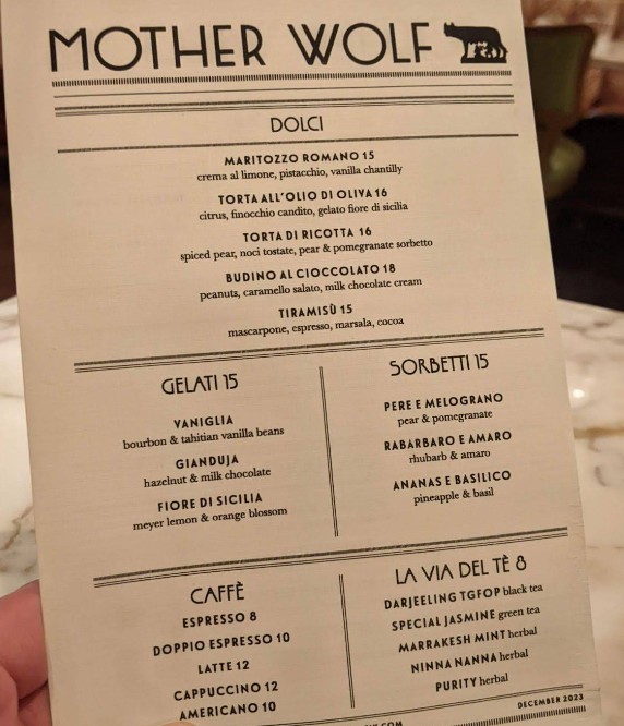 Mother Wolf Las Vegas Restaurant Menu – Roman Italian Cuisine at ...