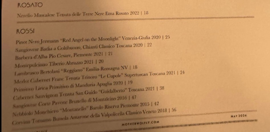 Mother Wolf Las Vegas Restaurant Menu – Roman Italian Cuisine at ...